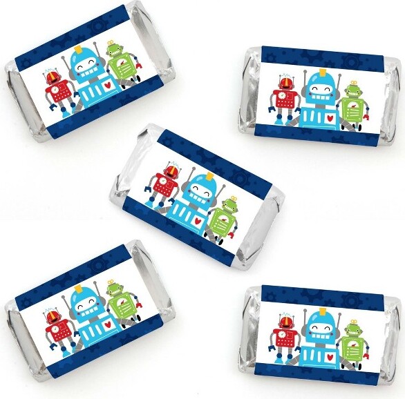 Big Dot of Happiness Gear Up Robots - Mini Candy Bar Wrapper Stickers ...