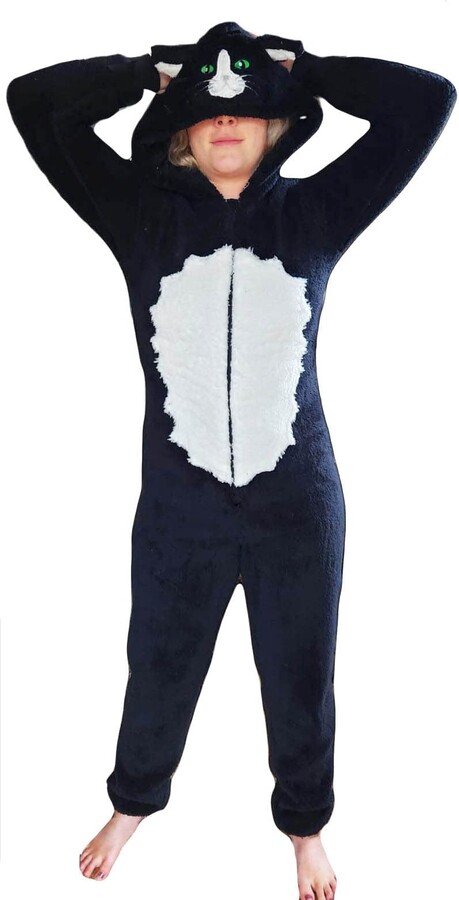 Wunsy Adult Women's Onesie Fluffy Black White Cat with Tail -Animal ...
