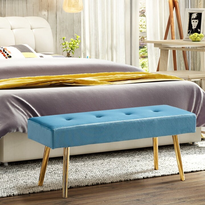 Zeus & Ruta Blue Bed Benches Tufted Velvet With Gold Legs - ShopStyle