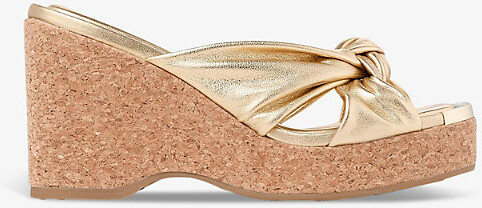 Jimmy Choo Womens Gold Avenue Twist-knot Metallic-leather Wedges ...