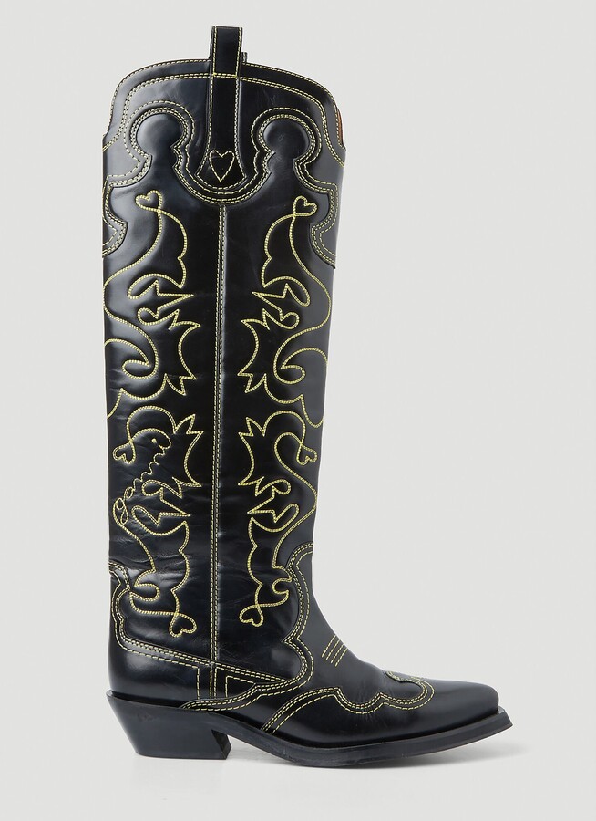 Ganni Embroidered Western Boots in Black - ShopStyle