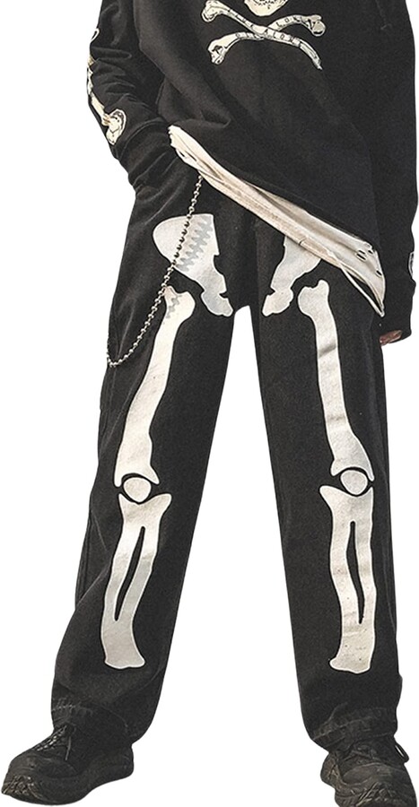 Saoidnier Teens Y2K Grunge Baggy Denim Pants Skeleton Skull Print Wide ...