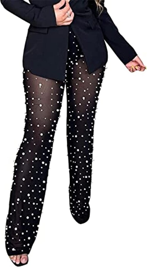 KURTIK Women's Sexy Mesh Sheer Bead Pants Sparkle Rave See Through ...