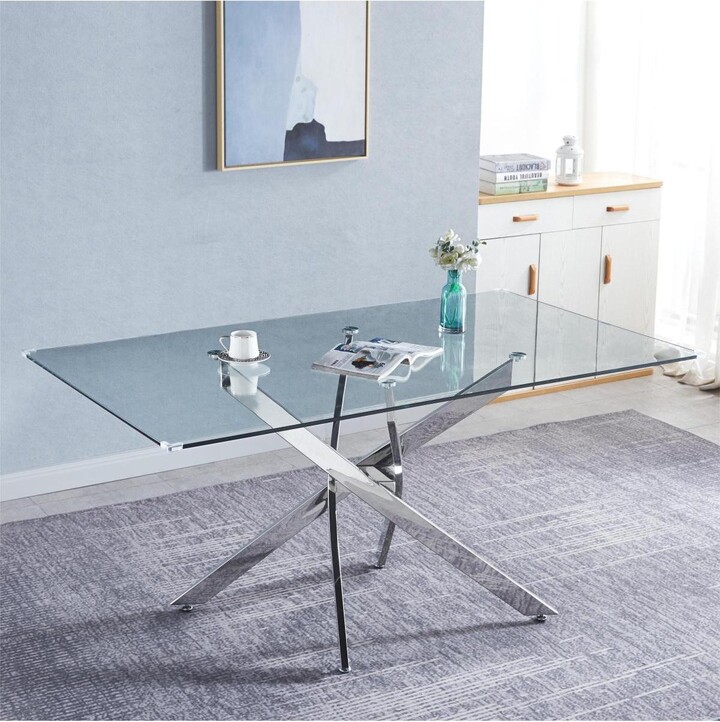Simplie Fun Rectangular Tempered Glass Dining Table, Modern Dining Room ...