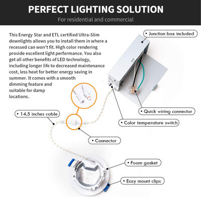 MW LIGHTING 3 Inch Canless 5 Selectable Color Temperature Baffle Round LED Ultra-Slim Downlight ...