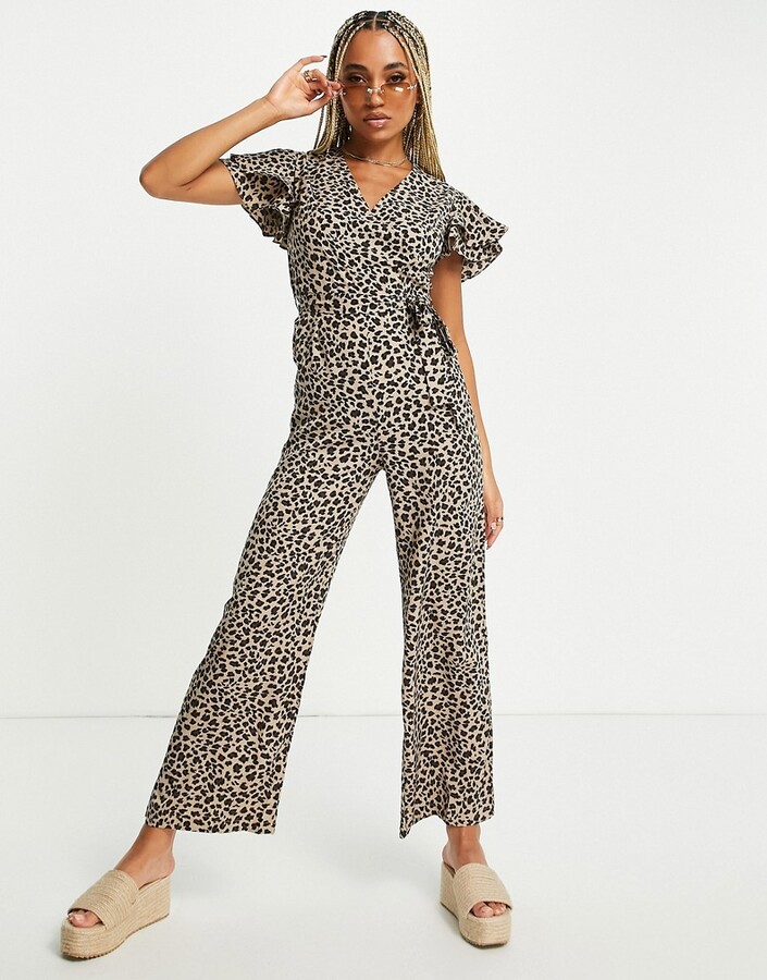 Qed London wrap front frill sleeve jumpsuit in leopard print - ShopStyle