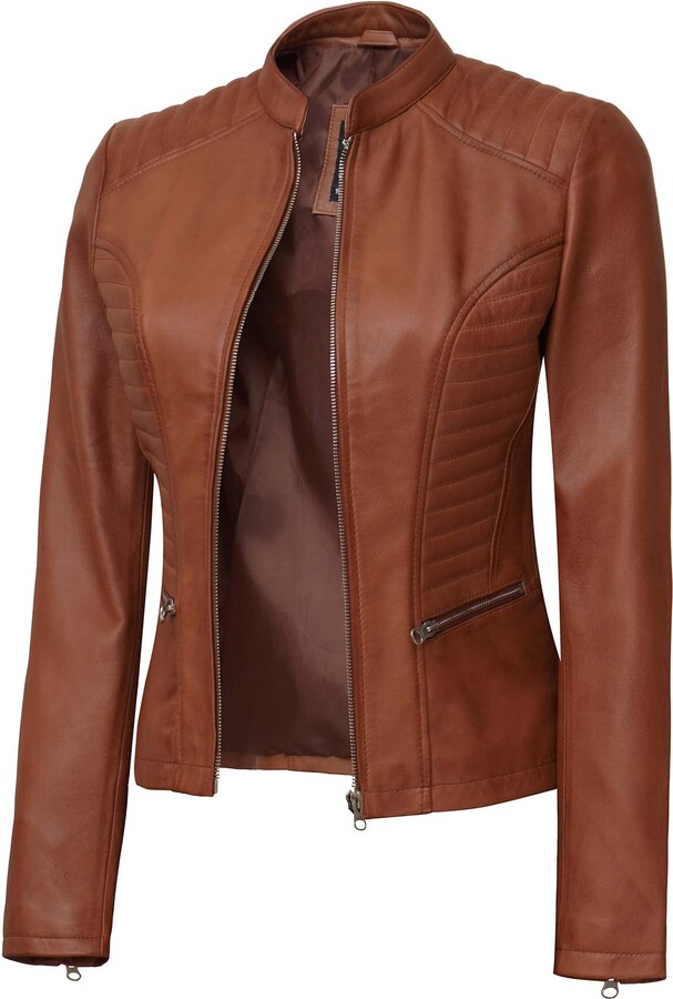 fjackets Real Leather Jacket Women - Cafe Racer Slim Fit Tan Leather ...