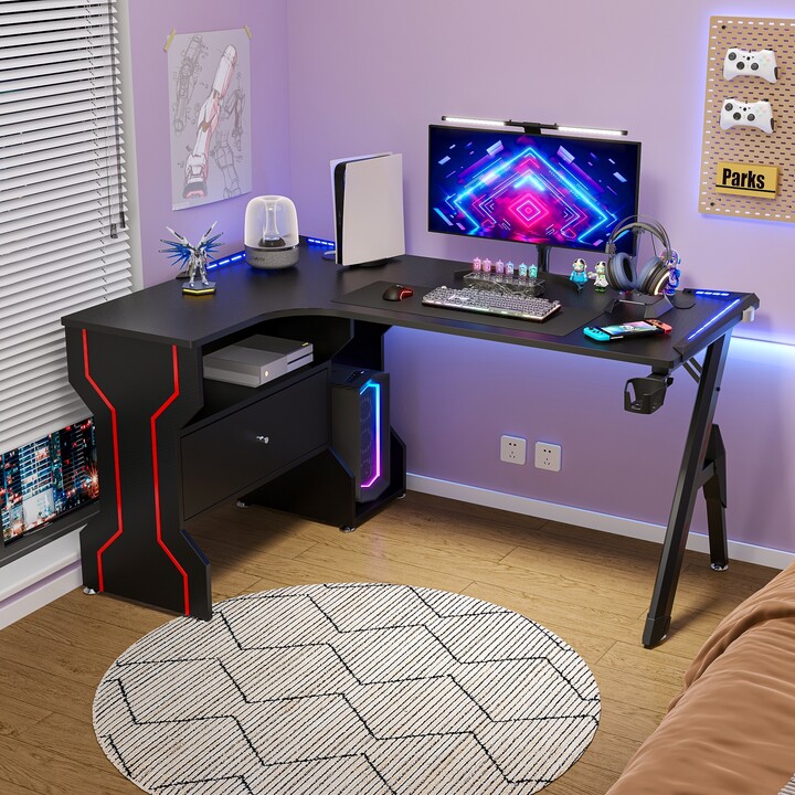 Timechee L shaped Office Gaming Desk with rgb light and Carbon Fibre ...