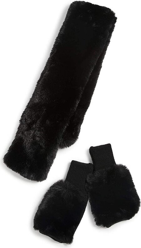 Jocelyn Women's Black Faux Fur Pull Through Scarf and Mitten Set ...
