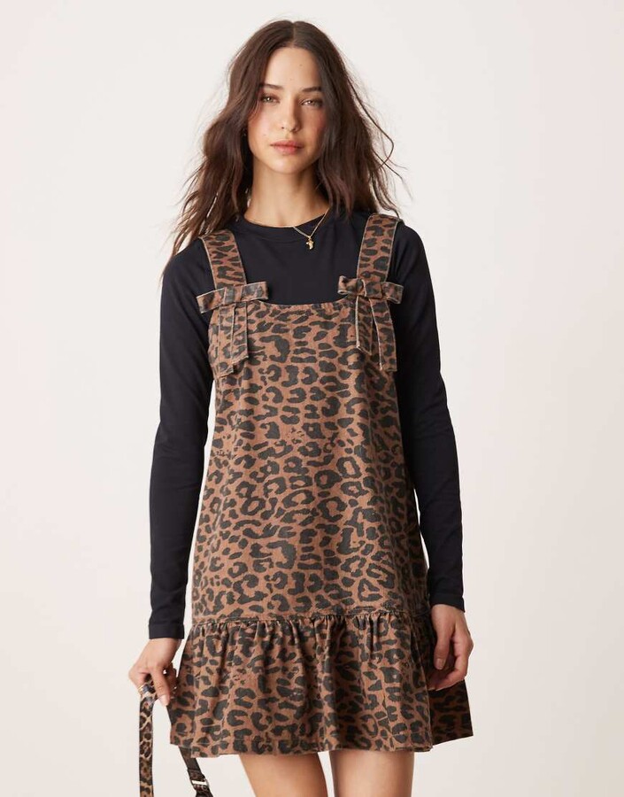 Neon Rose leopard print denim pinny dress in brown - ShopStyle