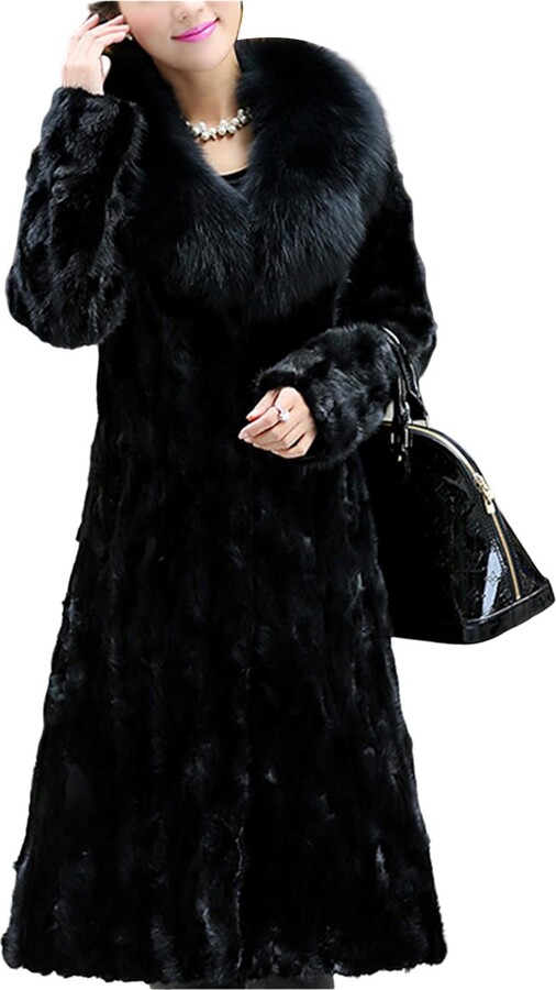 UNeedVog Women's Faux Fur Coat Long Slim Fit Lapel Neck Black Faux Fox ...