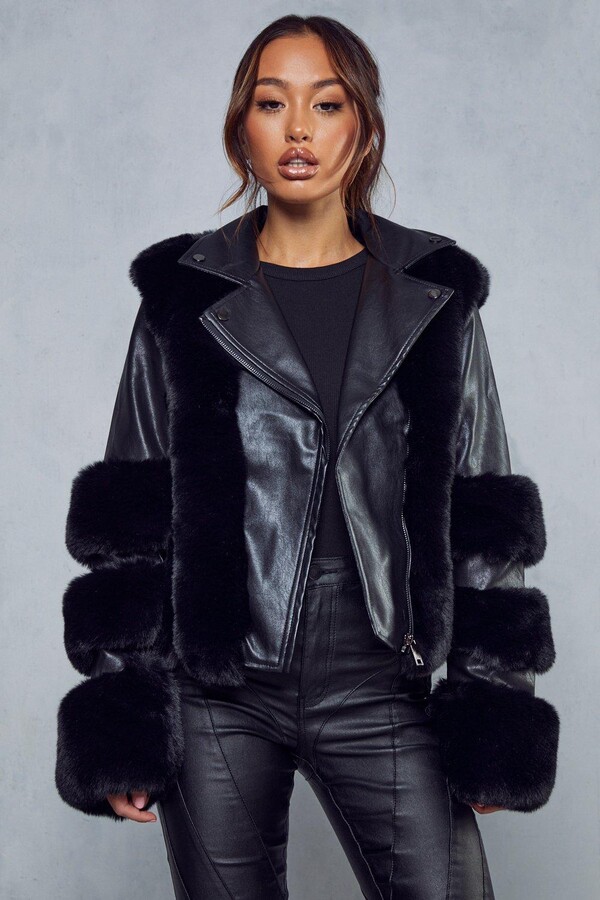 MissPap Faux Fur Panel Biker Jacket - ShopStyle