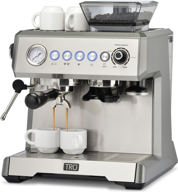 TRU 15-Bar Semi-Automatic All-In-One Espresso Maker with Grinder and ...