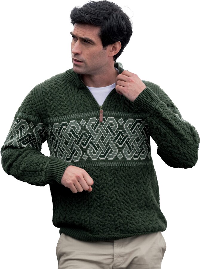 Aran Crafts Irish Jacquard Sweater with Half Zip 100% Merino Wool ...