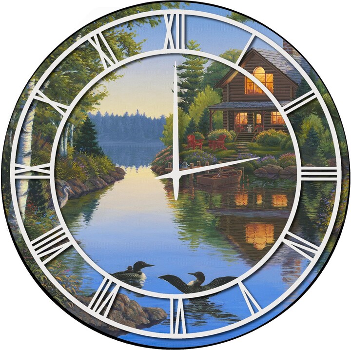 House & Homebody Co. Wall Clock with Full Coverage Art - Lake Cabin ...
