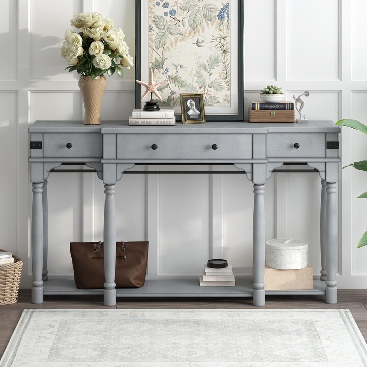 Merax Antique Grey Wood Farmhouse Entry Way Hallway Table with 3 ...