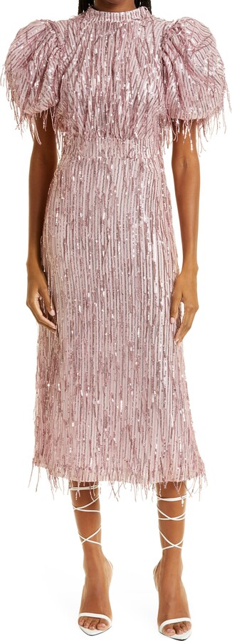 Rotate by Birger Christensen Puff Sleeve Sequin Fringe Midi Gown ...
