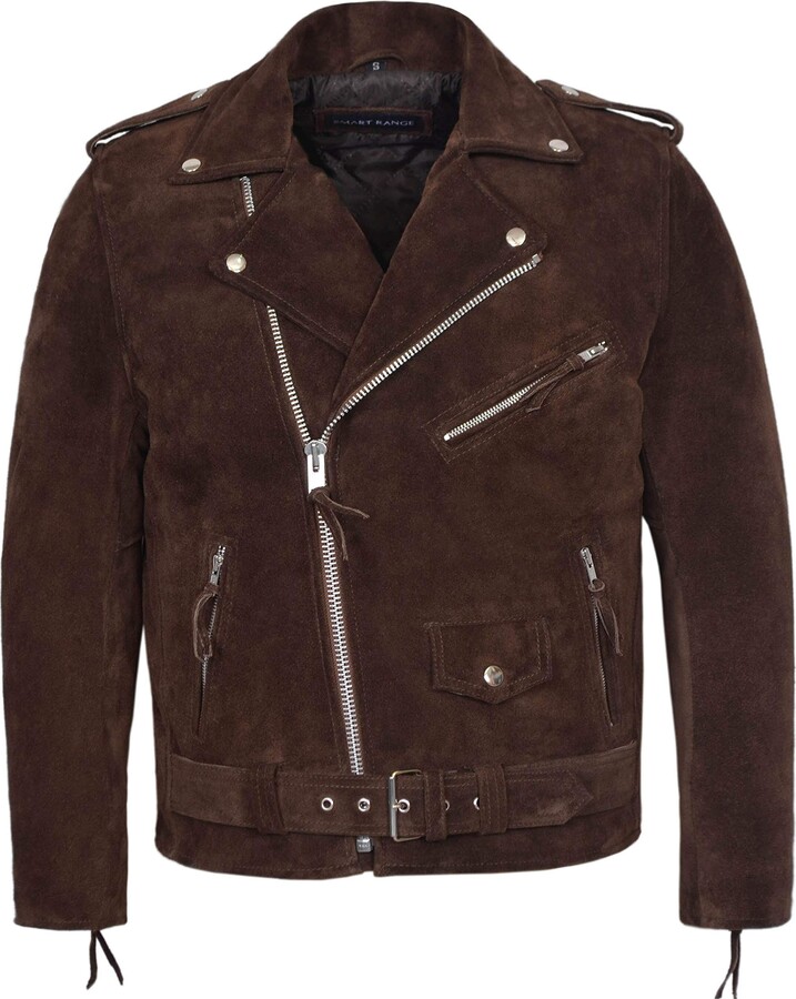 Smart Range Leather Brando Brown Cowhide Suede Men's Classic Motorcycle ...