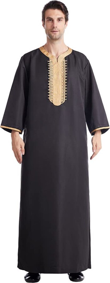 Fulbant Muslim Men Solid Color Embroidery Long Robes Gown Islamic ...