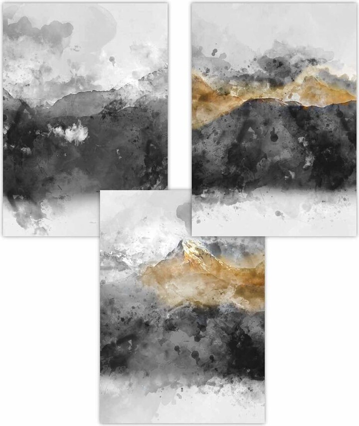 ARTZE Set of 3 Abstract Grey and Yellow Mountains Art Posters - ShopStyle