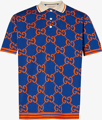 Gucci Mens Blue Orange Monogram-print Stretch-woven Blend Polo Shirt ...