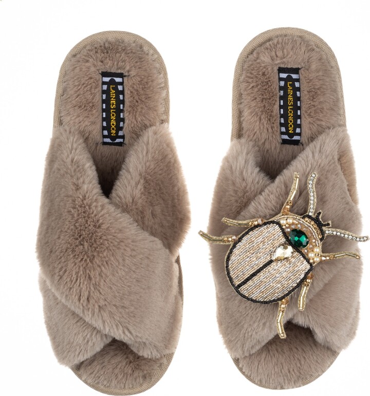 LAINES LONDON - Classic Laines Slippers With Artisan Golden Crystal Bug ...