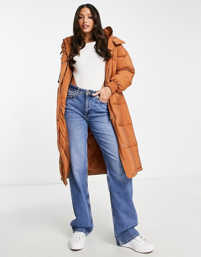 Urban Code Tall Urbancode Tall longline hooded puffer jacket in toffee brown - ShopStyle
