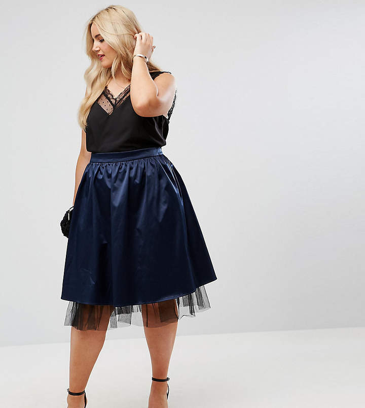 ASOS Curve CURVE Structured Satin Pep Hem Midi Skirt with Tulle ...
