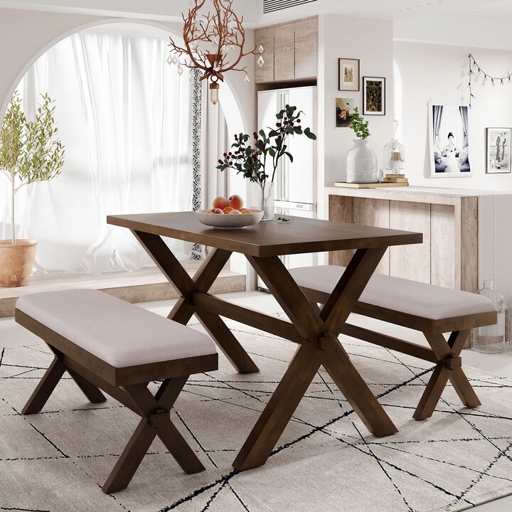 RASOO 3-Piece Farmhouse Rustic Wood Dining Set with Upholstered Benches ...