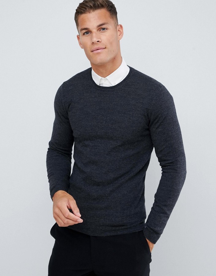 ASOS DESIGN muscle fit merino wool jumper in charcoal - ShopStyle Knitwear