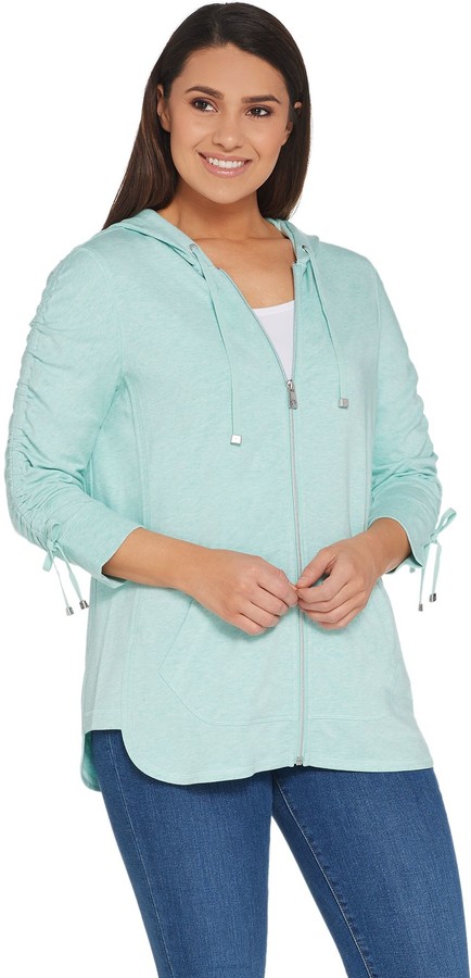Isaac Mizrahi Live! SOHO Ruched Sleeve Zip Front Hoodie - ShopStyle