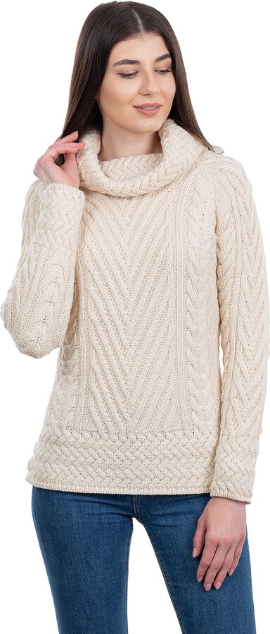 SAOL 100% Merino Wool Ladies Turtleneck Ribbed Cable Knit Sweater ...