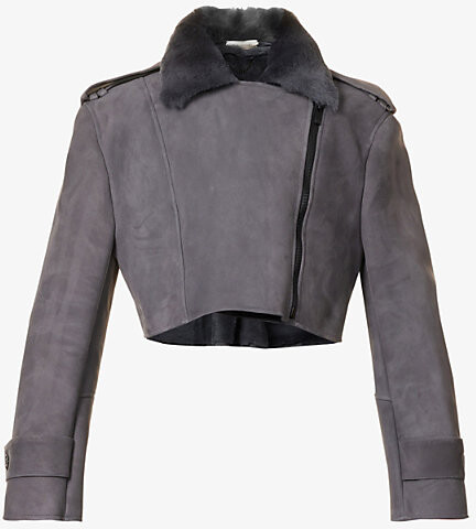 The Mannei Womens Grey Mahis Faux-fur Collar Cropped Suede Jacket ...