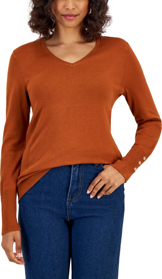 JM Collection Button-Cuff V-Neck Sweater, Created for Macy's - ShopStyle