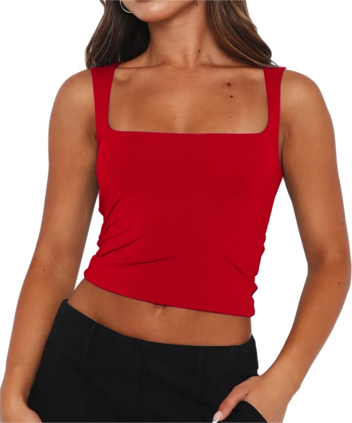 Cioatin Women’s Basic Sleeveless Strappy Scoop Neck Crop Tank Top Y2K Workout Cropped Cami Shirt ...