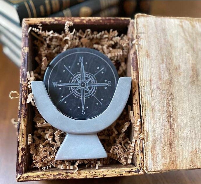 Global Craft Compass Soapstone Sculpture, Light Gray Stone in Banana ...