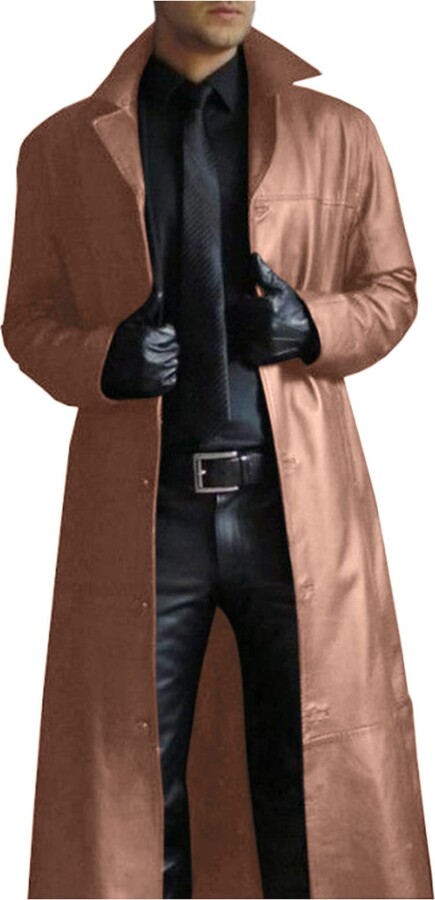 XUEBing Retro Long Faux Leather Coat for Men Notch Lapel Button Down ...