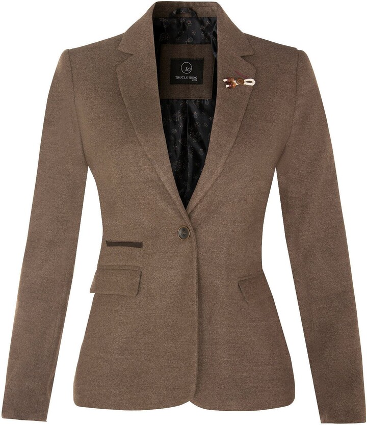Tru Clothing Women's Tweed Light Brown Herringbone Classic 1920s Formal Wool Tailored Blazer ...
