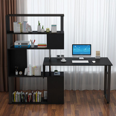 Latitude Run Rotating Computer Desk With 5 Shelves Bookshelf, Modern L ...