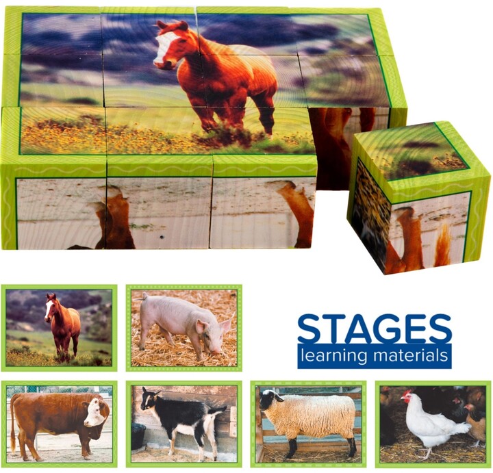 Stages Learning Materials Wooden Real Picture Farm Animal Cube Puzzle ...