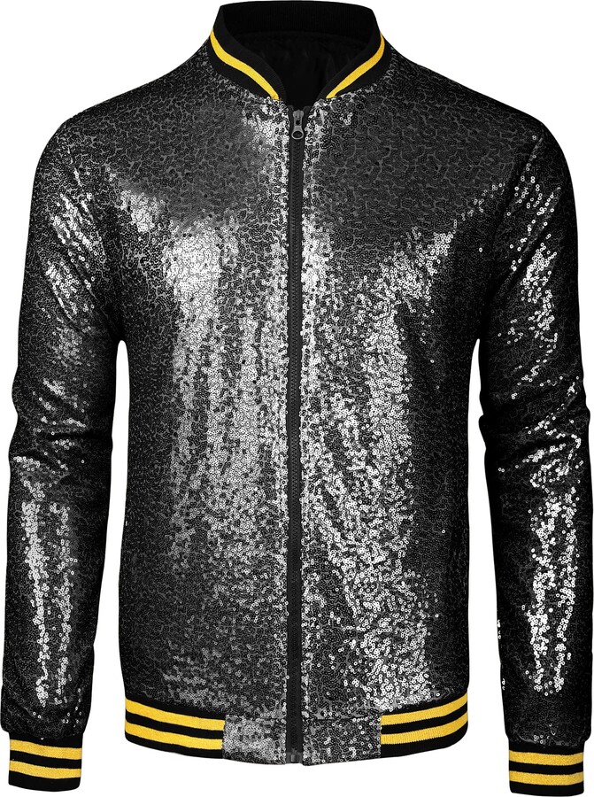 Lars Amadeus Men's Varsity Jacket Halloween Party Disco Shiny Sparkly ...