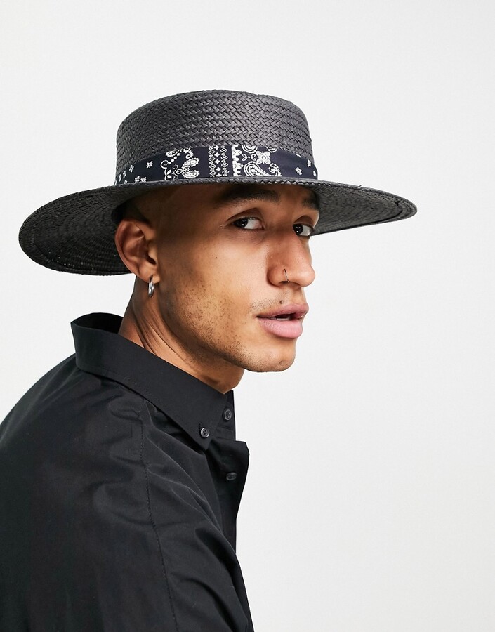 ASOS DESIGN wide brim pork pie straw hat in black with paisley bandana ...