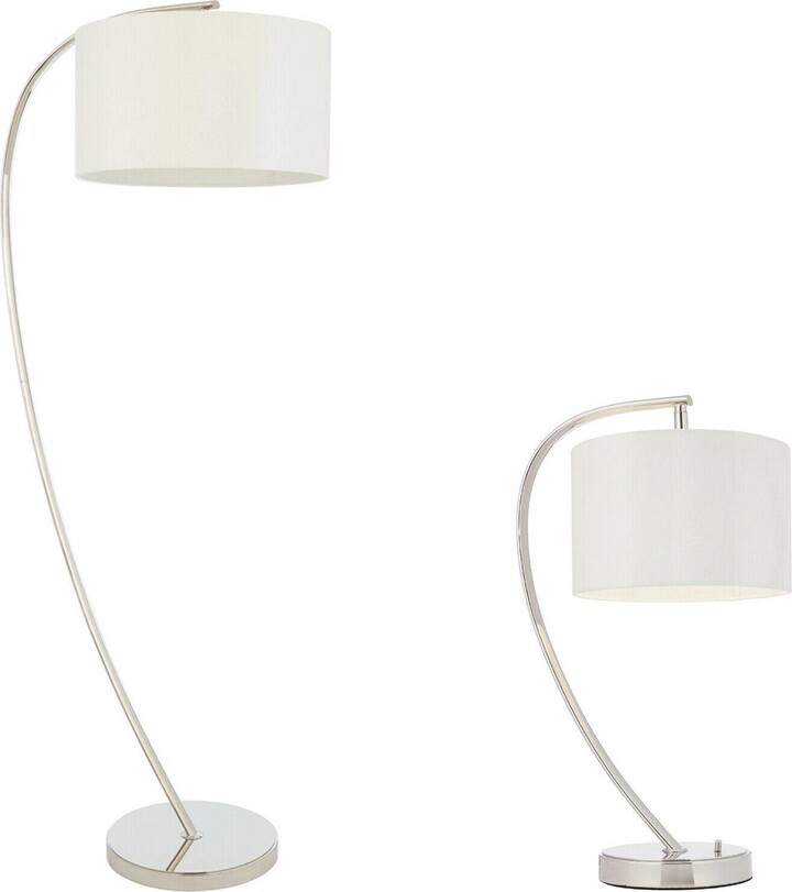Loops Standing Floor & Table Lamp Set Bright Nickel & White Shade ...