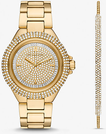 Michael Kors Oversized Camille Pavé Gold-Tone Watch and Slider Bracelet ...