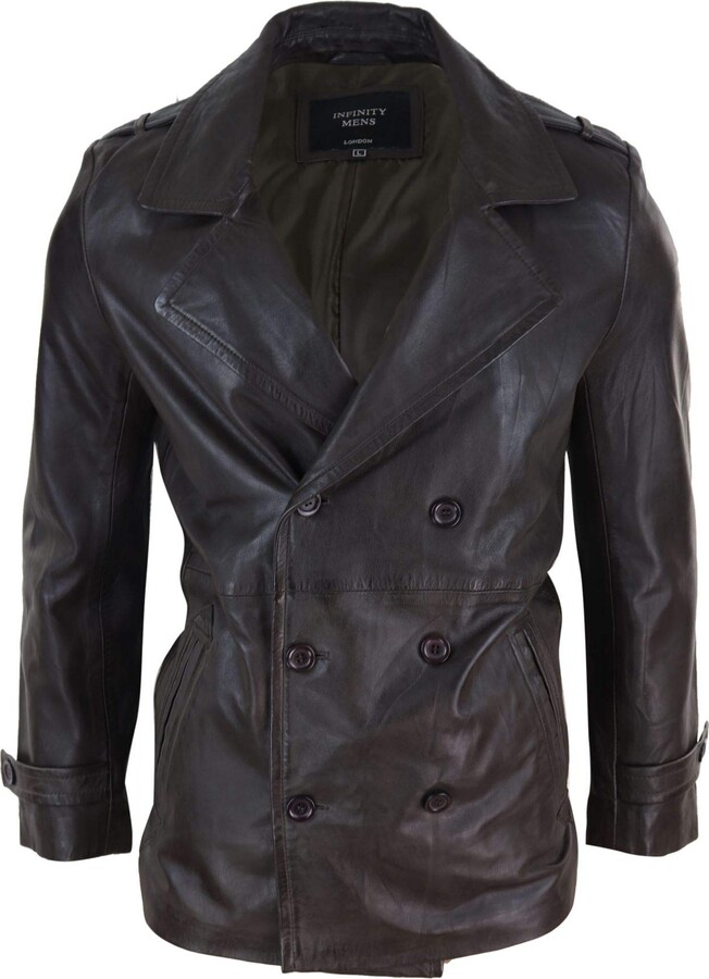 TruClothing Mens Real Leather 3/4 Double Breasted Pea Coat Sherlock Brown Sailor Classic - Brown ...