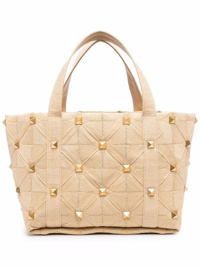 Valentino Garavani Roman Stud raffia tote bag - ShopStyle