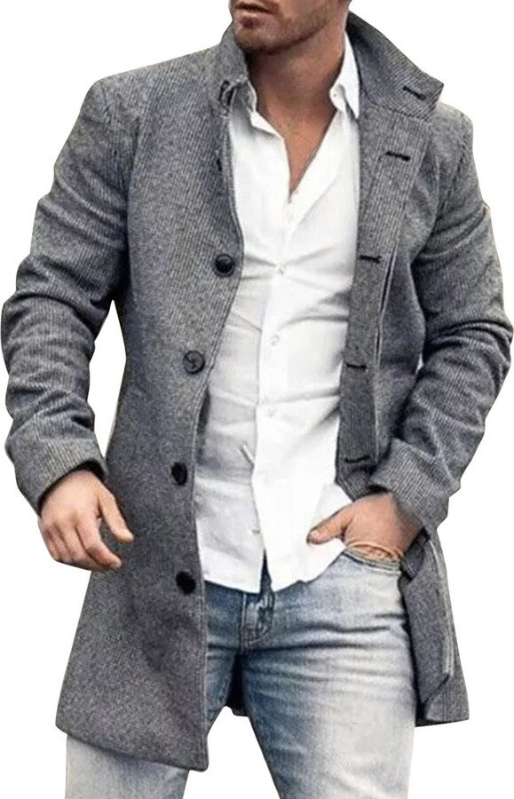 VESNIBA Mens Wool Coat Short Men's Plaid Wool Overcoat Long Pea Coat ...