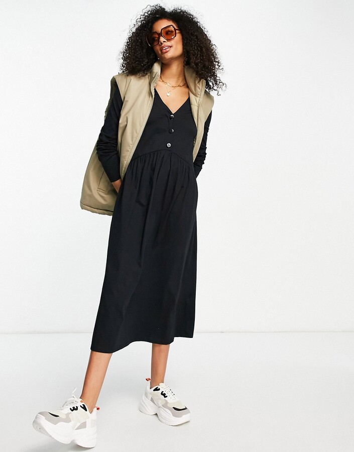 ASOS DESIGN long sleeve smock midi dress with buttons in black - ShopStyle