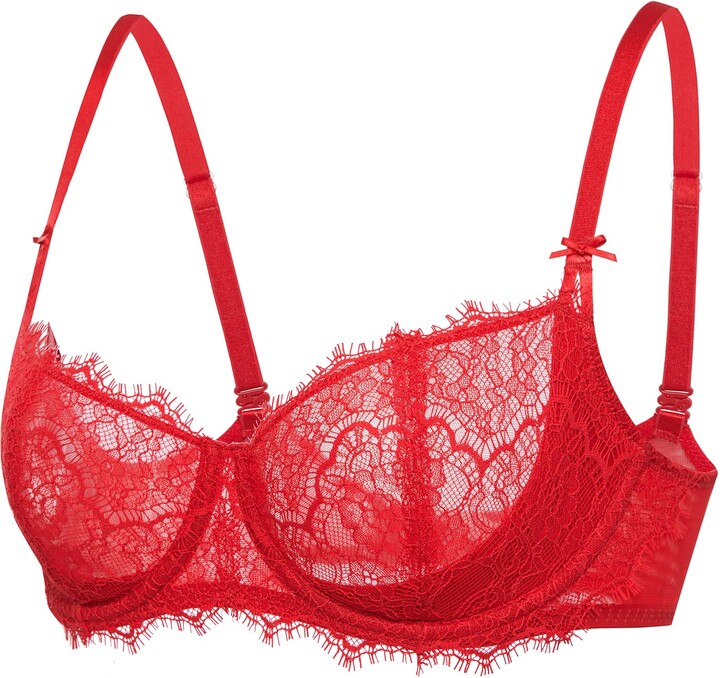 DOBREVA Women's Sheer Lace Push Up Bra Balconette See Through Underwire Unlined Plus Size Bra ...