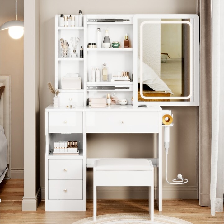 Simplie Fun Compact Vanity Table with Led Mirror, Power Station, and ...